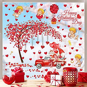 Valentine's Day Wall Decals Decor Pink Heart Tree Wall Stickers Couple Gnome Love Window Sticker Cupid Wall Sticker Valentines Window Decal Peel and Stick for Wedding Anniversary Engagement Decoration