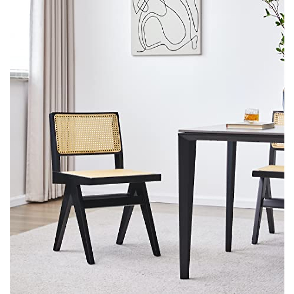 Way2Furn Rattan Chair Set of 2, Mid Century Modern Chair for Kitchen, Cane Dining Chair with Cane Back & Wood Base, Dining Room, Study Room, Living Room, Yard, B&B, Teahouse, Hotel, (Black)