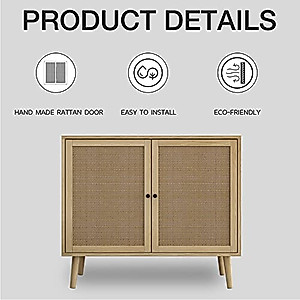 QHITTY Rattan Sideboard Buffet Cabinet, Accent Kitchen Storage Cabinet Console Table with Adjustable Shelves for Living Room, Dining Room, Bedroom (Natural)