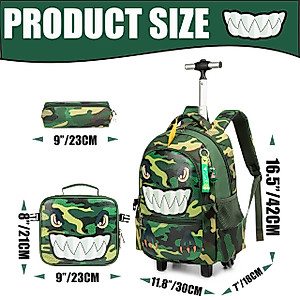 MYHSBYO Dinosaur Rolling Backpack Boys Kids Rolling Backpack with Wheels for Boys Wheeled Backpack Carry on Luggage Bookbag with Roller Set for Elementary