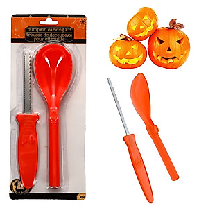 LSM Jumbo Pumpkin Carving Tools, Jack-O-Lantern 2Pcs Plastic Set for Kids & Adults Halloween DIY Home Fall Autumn Decor Sculpting Tool Knife Spoon Party Supplies with Oggetto, Multicolor