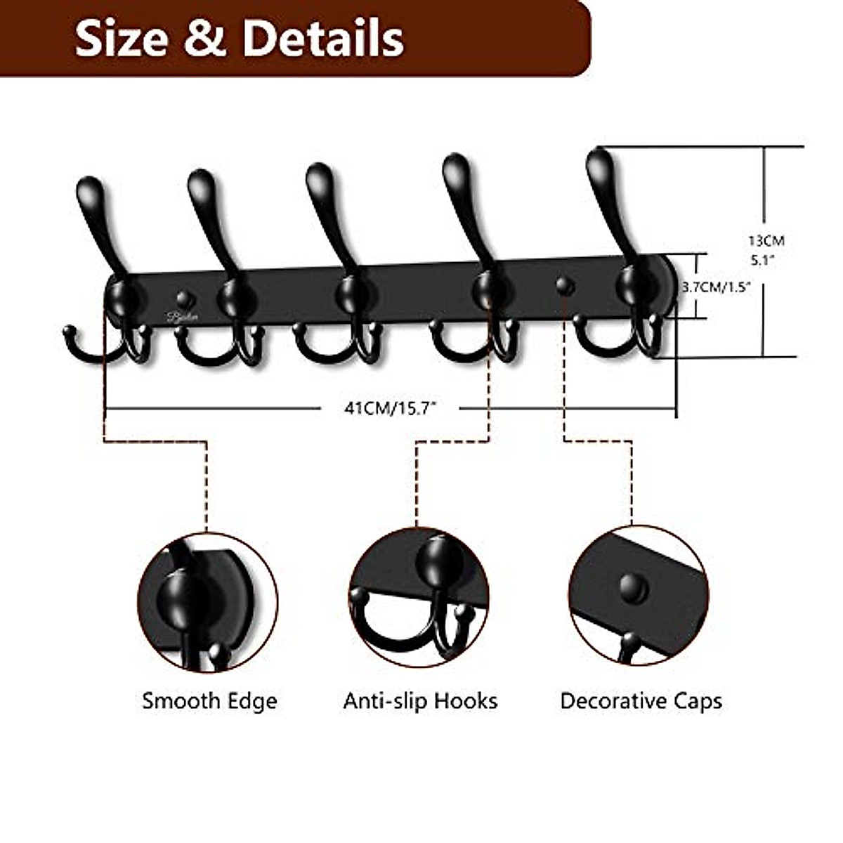 Bjiotun Coat Rack Wall Mounted 2 Pack Wall Hooks Stainless Steel Wall Hanger with 5 Tri Hooks for Hanging Coats Hats Towels Keys (Black)