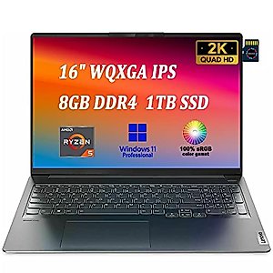 Lenovo Ideapad 5 Pro Laptop I 16" WQXGA IPS 100% sRGB Display I AMD 6-Core Ryzen 5 5600H (> i7-11375H) I 8GB DDR4 1TB SSD I Backlit Keyboard HDMI Dolby Win11 Pro Storm Grey + 32GB Micro SD Card