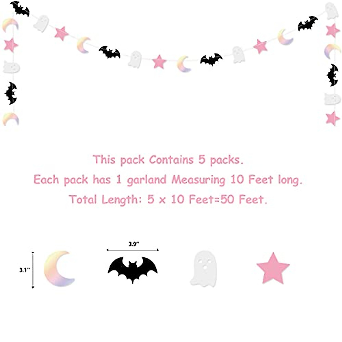5 Pcs Halloween Moon Bat Ghost Star Garland Pink Black Halloween Garland for Pink and Black Kids' Halloween Party Supplies Decorations