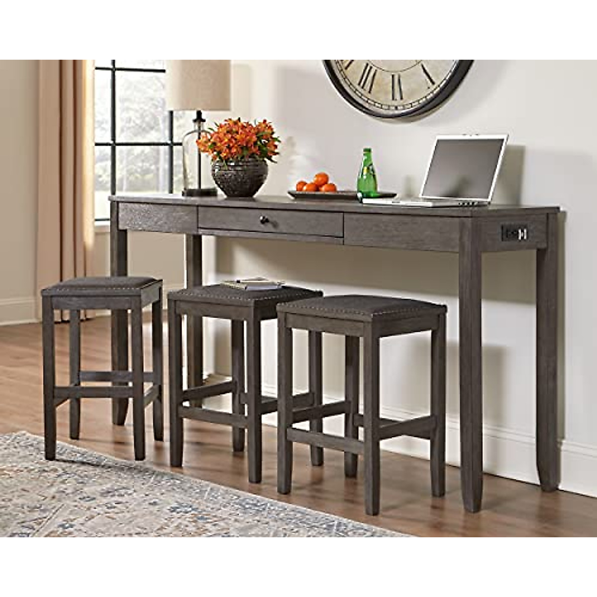 Signature Design by Ashley Rokane Urban Farmhouse Counter Height Dining Room Table Set with 3 Bar Stools, Brown