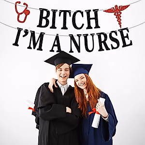 I'm a Nurse Banner - Congrats Nurse Grad/Nailed It/RN/BSN/NP- Nursing School Graduation Party Decorations Supplies, Black and Red Glitter