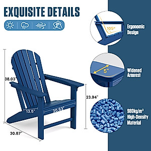 OTSUN Adirondack Chair, Large Lawn Chair, Outdoor Chair with Durability and Weather Resistance, HDPE Patio Chair for Yard, Porch, Garden, Deck, Swimming Pool, Navy Blue