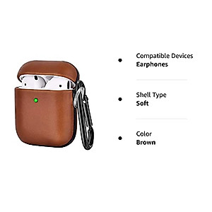 V-MORO Compatible with Airpods Case, Genuine Leather Airpods Case with Keychain for Airpods 2 & 1, Front LED Visible, Protective Cover Skin Brown