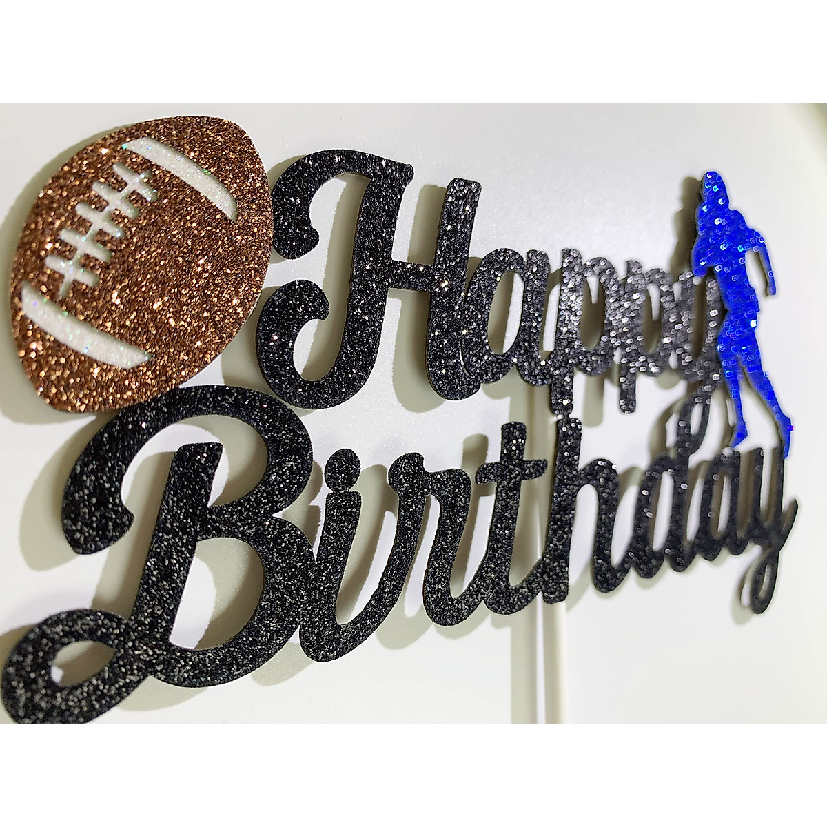Football Cake Topper - Happy Birthday Cake Topper for Football/Sport theme Birthday Party decoration (Black Glitter)