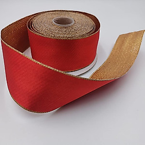 KLTRIBBON Christmas Wired Ribbon Red Gold Lame for Xmas Wreath Bows Floral Craft Ornaments,1 1/2 Inch X 10 Yards