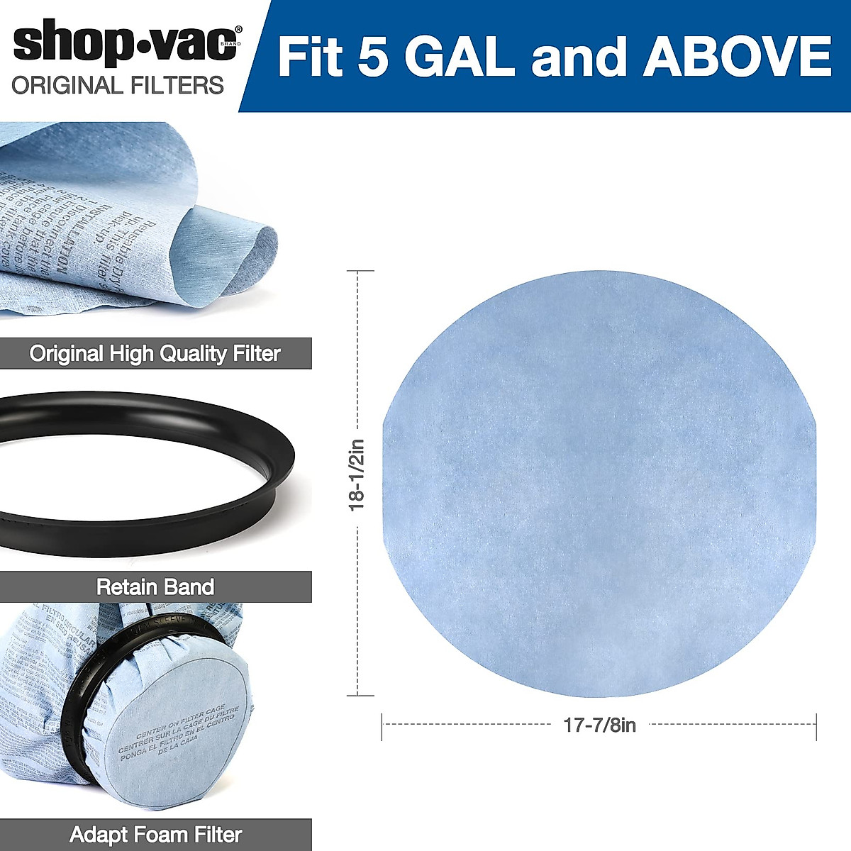 Shop-Vac 5 Gallon 2.0 Peak HP Wet/Dry Vacuum 5971536 + 90107 Paper Disc Filter 6 Pack