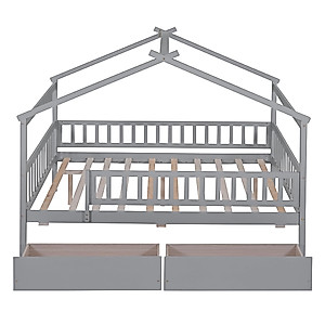 Full House Bed for Kids, Montessori Bed Full Size Platform Bed Frame with 2 Storage Drawers, Guardrails and Roof, Solid Wood Full Storage Bed for Girls & Boys (Full, Gray)