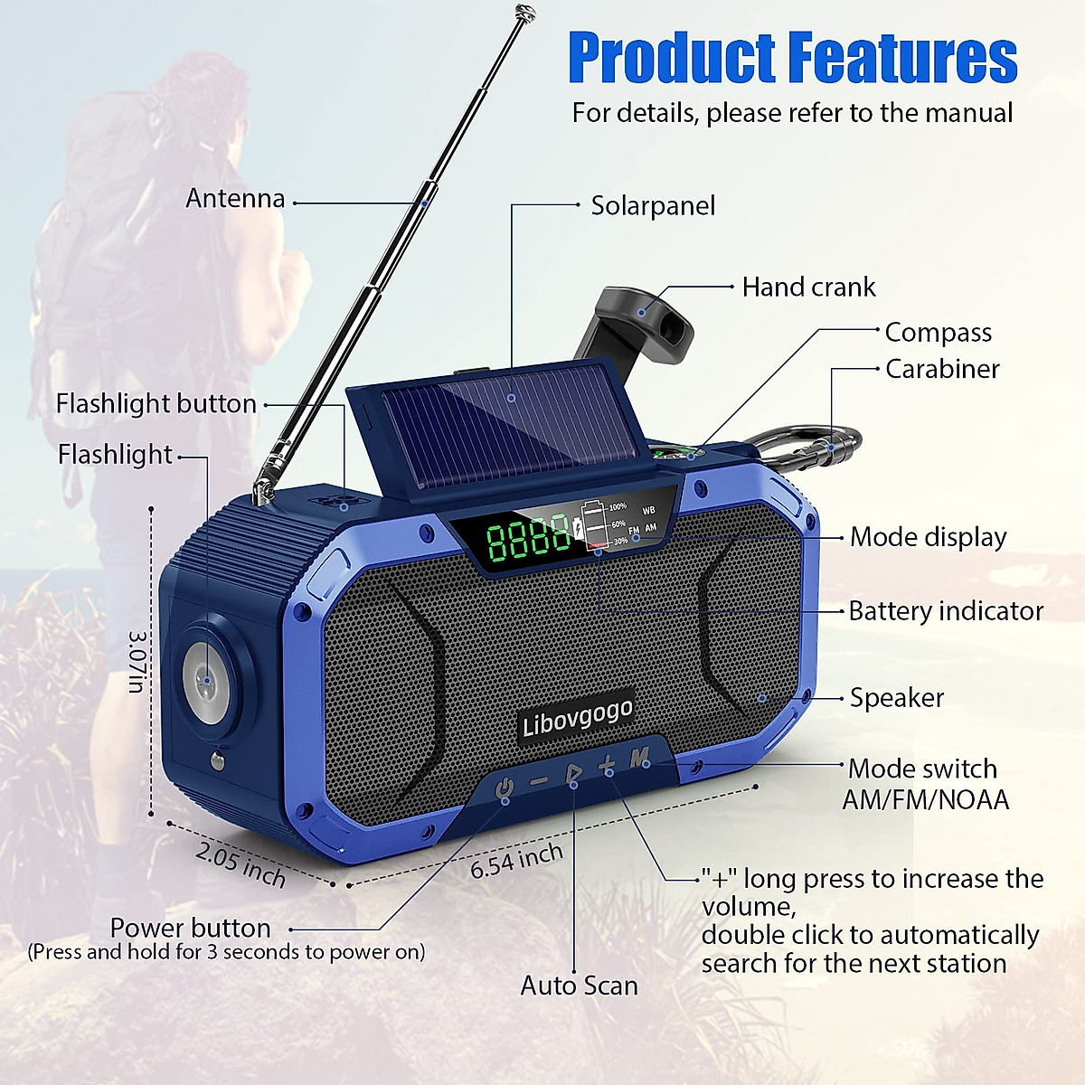 Emergency Radio Waterproof Camping Radio,Portable Digital AM FM Radio with Flashlight,Reading Lamp,Hand Crank WB NOAA Weather Radio with Solar Panel,5000mAH Cell Phone Charger,Outdoor Survival Gadget