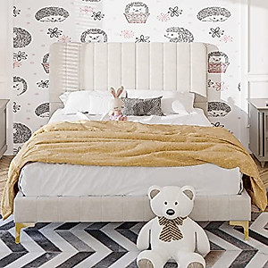 LIKIMIO Full Size Bed Frame, Platform Bed Full with Upholstered Headboard and Strong Metal/Wood Supports, Easy Assembly, Noise-Free, No Box Spring Needed, Beige