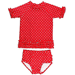Red Polka Dot Ruffled Rash Guard Bikini - 3T