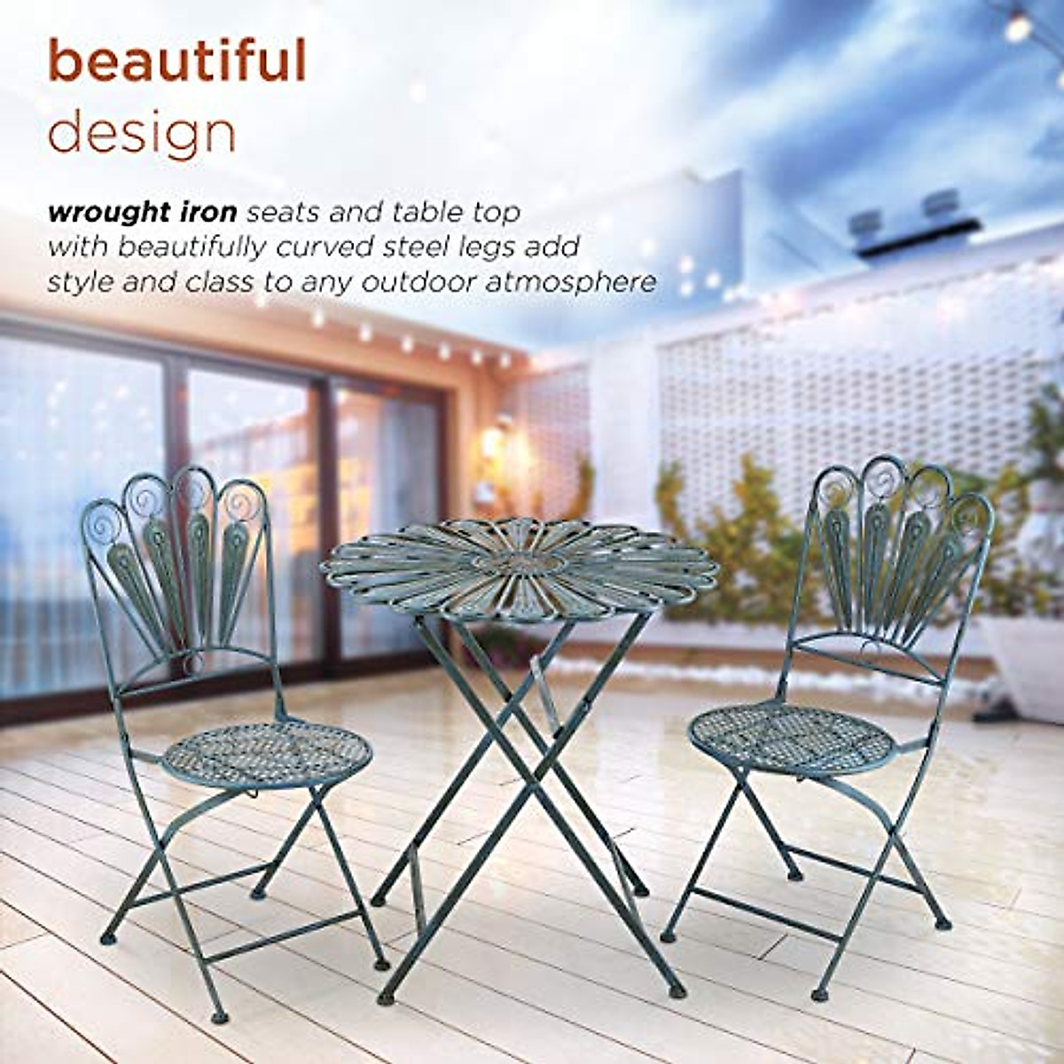 Alpine Corporation Indoor/Outdoor 3-Piece Peacock Feather Rustic Metal Bistro Set Patio Seating, Light Blue