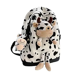 Kawaii fluffy plush fuzzy cute aesthetic cow backpack teenage school gift for birthday Christmas (white)