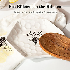 Young's Inc. Spoon Rest for Stove Top and Kitchen Counter - Ceramic Spoon Holder - Durable and Easy-to-Clean - Can Hold Ladles, Spatulas, Tea Bags, and More - Stylish Honey Bee Design - 5" x 5" x 1"