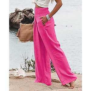 Vansha Women Summer High Waisted Cotton Linen Palazzo Pants Wide Leg Long Lounge Pant Trousers with Pocket Hot Pink M