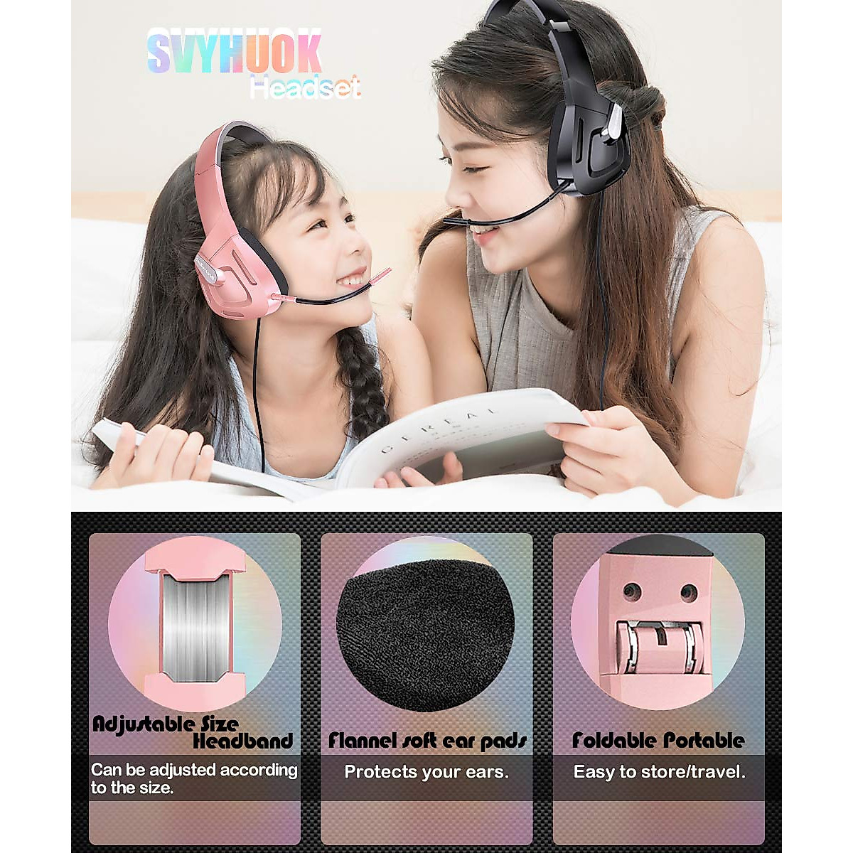 Pink Gaming Headset for Girl, Women, Kids, Teens,Stereo Headphones for PC, PS4, New Xbox One, Smartphones 3.5mm Jack wired kid headset with Detachable Mic,Adjustable Headband, Foldable. (Pink)