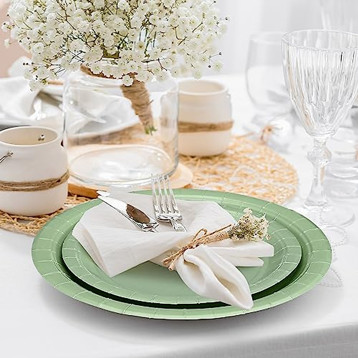 Wesiti 50 Pcs Paper Plates Bulk 7 Inch 9 Inch Disposable Round Dessert Plates Sage Green Dinner Cake Paper Dish for Wedding Bridal Shower Birthday Party Supplies