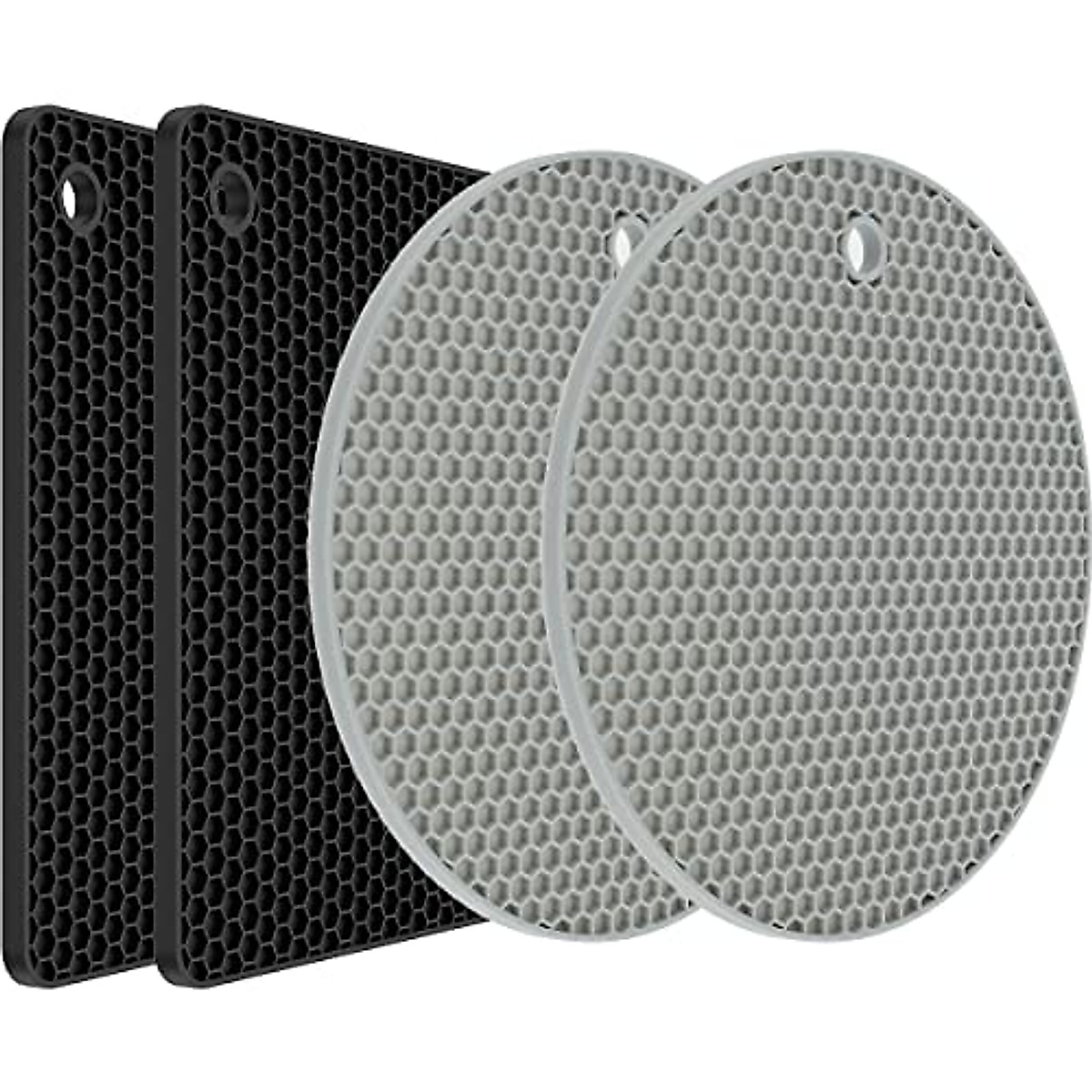 Y6S 4Pcs Silicone Trivet Mats Anti-Slip Square Round Hot Pads Heat-Resistant Hot Holders Spoon Dishes Rest Pad Easy to Wash and Dry BPA Free Dishwasher Safe for Kitchen Counter Y6S(Black and Gray)
