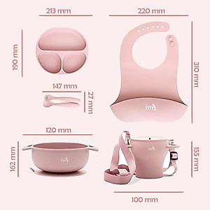 Tiny Tots - Baby Led Weaning Supplies - Feeding Essentials - Baby suction paltes & supplies: Bib, Suction Bowl & Suction Plate, Collapsible Cup, and Utensils - Easy to use feeding set (Pink)