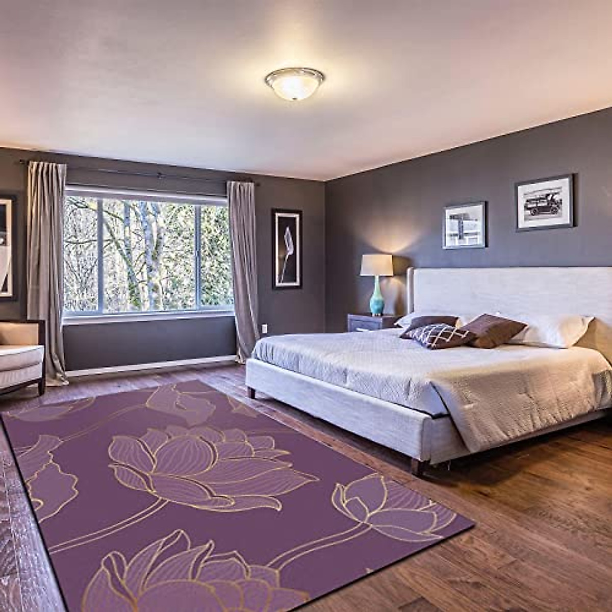 Purple Gold Lotus Area Rug, Fashion Simple Light Luxury Indoor Non-Slip Kids Rugs, Machine Washable Breathable Durable Carpet for Front Entrance Floor Decor,5 x 7ft