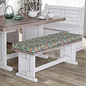 Ambesonne Bohemian Bench Pad, Geometric Pattern with Ornamental Floral Folk Art Abstract, Standard Size HR Foam Cushion with Decorative Fabric Cover, 45" x 15" x 2", Cadet Blue