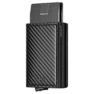 VULKIT Pop Up Wallet Automatic Leather Slim Credit Card Holder RFID Blocking Metal Double Card Case for Men and Women Carbon Fiber Black