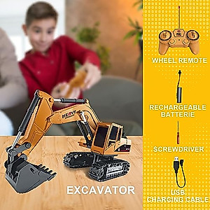 Construction Excavator - Toy Engineering Digger Truck, Remote Control Rechargable Hydraulic Car for 6 7 8 9 Year Old Boys Girls, Educational Birthday Gifts for Kids 3 4 5 Years Old