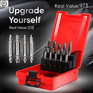 Premium–Grade Die Grinder Bits Carbide Burr Set ¼" Shank 10PC Double Cut Tungsten Rotary Rasp File for Metal Grinding Drill Bits for Makita Dewalt Milwaukee Die Grinder + Gift 4PC Screw Remover Kit