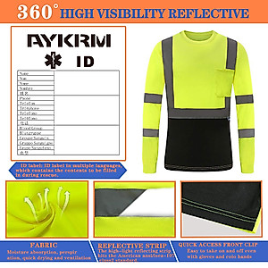 AYKRM High Visibility Shirts Safety T Shirt Reflective High Visibility hi vis Long Sleeve T Shirt (Yellow, XL)