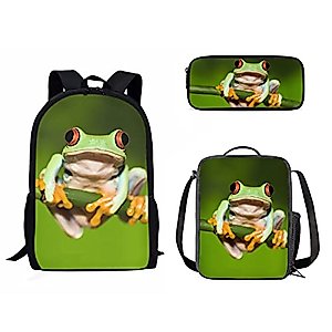 STUOARTE 3D Frog Backpack for School, Kids Backpack with Lunch Box 17 Inch Large Capacity Bookbag Kids School Backpack Set with Lunch Box Pen Holder Case, Lightweight Schoolbag for Children
