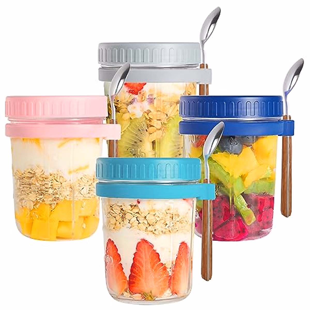 Hoa Kinh Overnight Oat Containers with Lids and Spoon 16oz 4Pack Glass Mason Jars for Overnight Oats, Cereal, Milk, Vegetable and Fruit Salad, Airtight Jars with Two Measurement Marks(4 Colors)