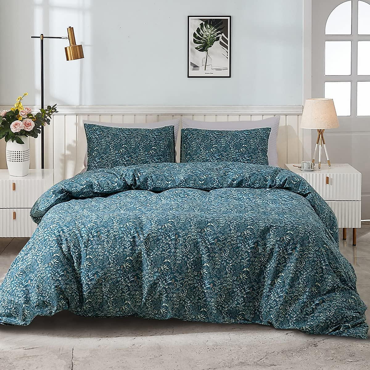EAVD Garden Style Botanical Floral Duvet Cover Twin Soft 100% Cotton Yellow Floral Leaves Pattern Bedding Set with 2 Pillowcases Reversible Girld Plaid Duvet Cover with Zipper Closure