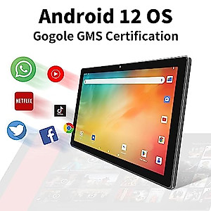 10.1 Inch Tablet, Android 12 Tablets 3GB RAM 64GB ROM 512GB Expand, 1280x800 IPS HD Touchscreen with GPS, 6000mAh Battery, Bluetooth, Dual Camera, GMS, WiFi(Black)