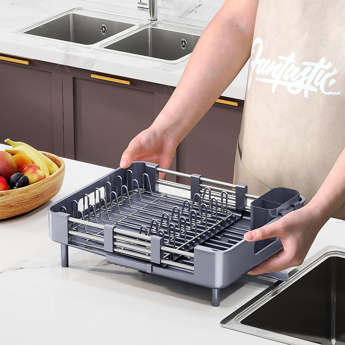 Dish Drying Rack, Kitchen Dish Drainer Rack, Expandable(13.2"-19.7") Stainless Steel Sink Organizer Dish Rack and Drainboard Set with Utensil Holder Cups Holder for Kitchen Counter