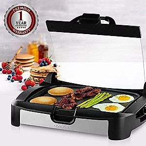 Ovente 2-in-1 Electric Grill and Griddle with Removable Tempered Glass Cover, 1700W Fast Heating Ceramic Non-Stick Plate Perfect for Indoor BBQ Cooking Breakfast, Pancake, Bacon and Egg, Black GR2001B