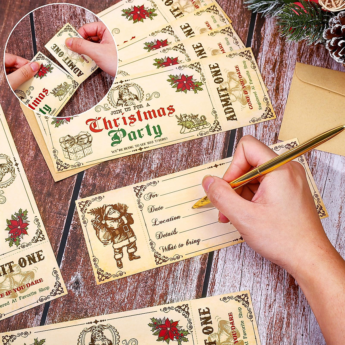 Whaline 25Pcs Christmas Party Invitation with Envelopes Vintage Style Santa Claus Party Ticket Invites Cards Xmas Party Invites for Winter Baby Shower Celebration New Year Birthday Party