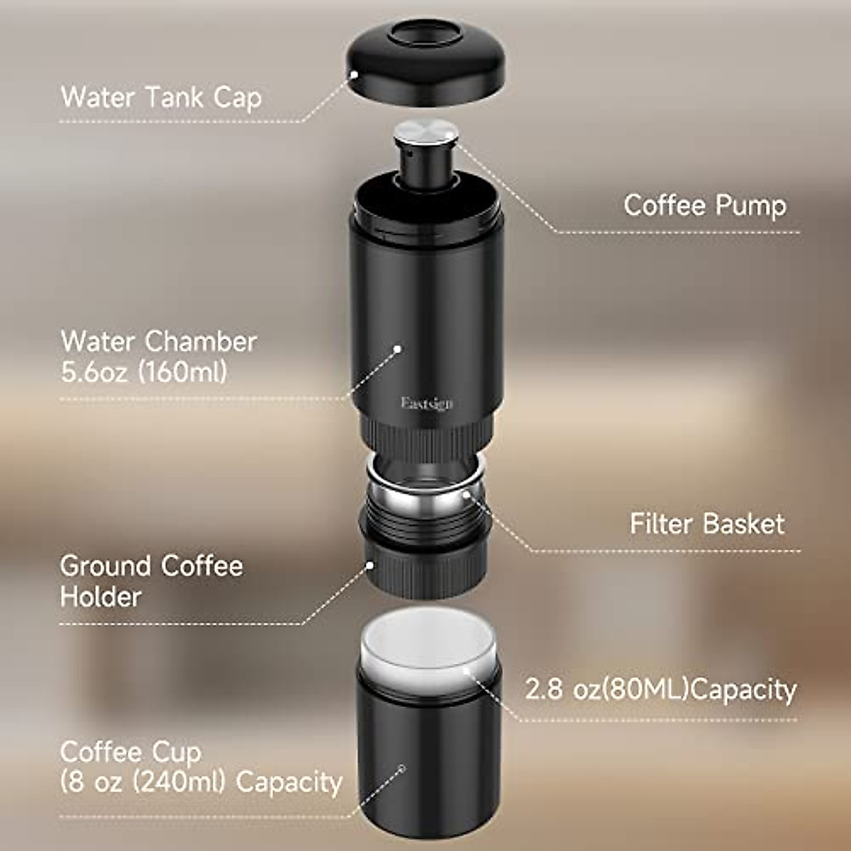 Eastsign Manual Espresso, Portable Espresso Machine, Compatible Ground Coffee, Hand Coffee Maker, Travel Gadgets, Manually Operated, Perfect for Camping, Hiking…