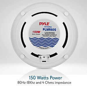 Pyle 6.5” Dual Marine Speakers - 2 Way Waterproof and Weather Resistant Outdoor Audio Stereo Sound System with 150 Watt Power, Polypropylene Cone and Cloth Surround - 1 Pair - PLMR60S (Silver)