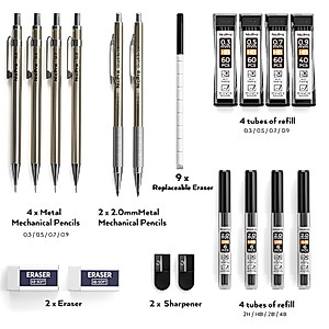 Nicpro 6 PCS Art Mechanical Pencils Set, Metal Artist Drafting Pencil 0.3 & 0.5 & 0.7 & 0.9 mm & 2 PCS 2mm Graphite Lead Holder(4B 2B HB 2H) For Writing Sketching Drawing With Lead Refills Eraser Case