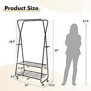 Giantex Metal Rolling Garment Rack, Clothing Rack with Wheels, Double Hanging Rods, 2 Shelves, 4 Hooks, Freestanding Clothes Organizer Rack with 2 Lockable Wheels for Bedroom, Balcony, Dorm, Black