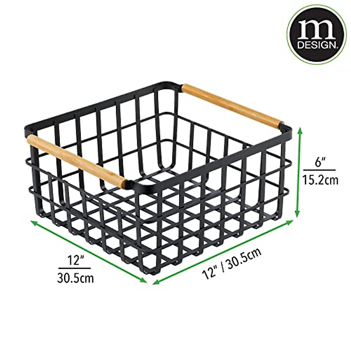 mDesign Metal Wire Storage Organizer Basket with Bamboo Wood Handles for Kitchen Pantry, Rustic Farmhouse Bin to Store Fruit, Coffee, Spices, Supplies, Yami Collection, 8 Pack, Matte Black/Natural/Tan