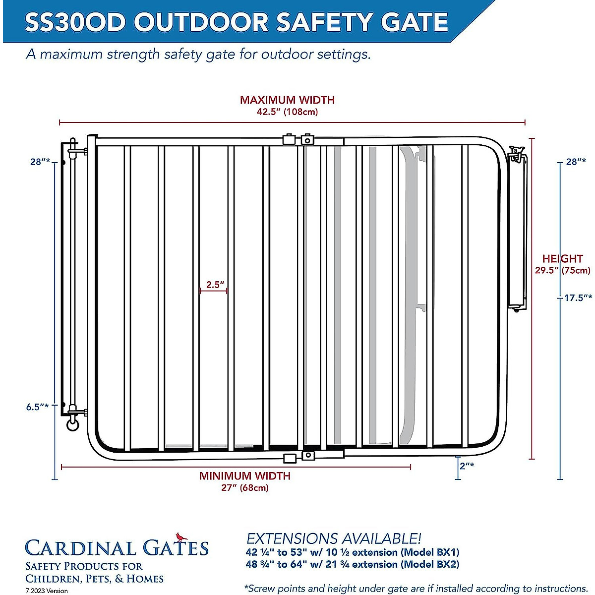 Cardinal Gates SS30OD Outdoor Baby Gate for Stairs - Adjustable Outdoor Dog Gate - Aluminum Safety Gate for Kids & Pets - Can be Installed at Angles - 27 to 42.5 Inches Wide - Brown