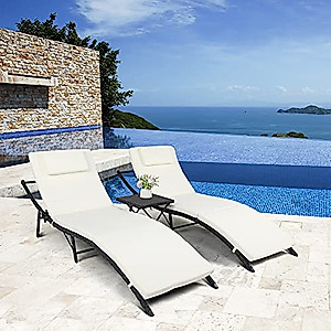 SAWQF 3-Piece Outdoor Terrace Furniture Set 2 Folding Bed 1 Folding Coffee Table Black PE Cane Iron Frame 4 Lines