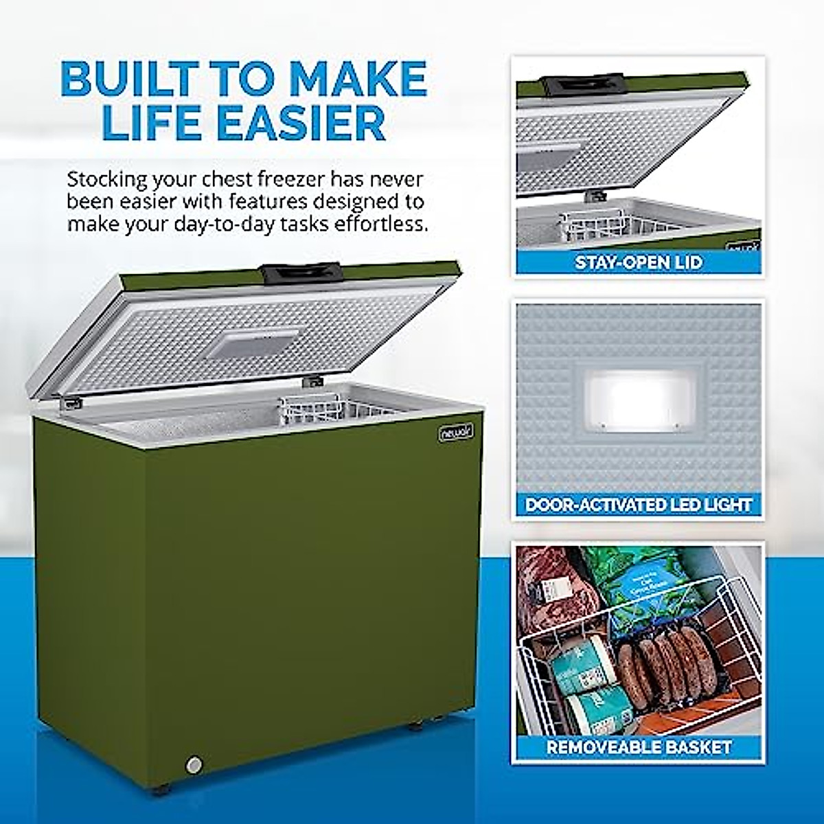 Newair 6.7 Cu. Ft. Mini Deep Chest Freezer and Refrigerator in Military Green with Digital Temperature Control, Fast Freeze Mode, Stay-Open Lid, Removeable Storage Basket, Self-Diagnostic Program