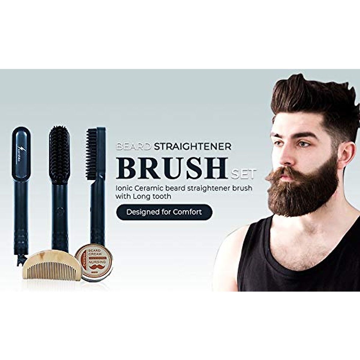 Beard Straightener Brush w/Free Beard Balm & Comb, Premium Hair Straightening Brush Kit, Heated Beard Comb, 3-Heat Settings, Fast Heat Beard Brush for Men - StormiNite