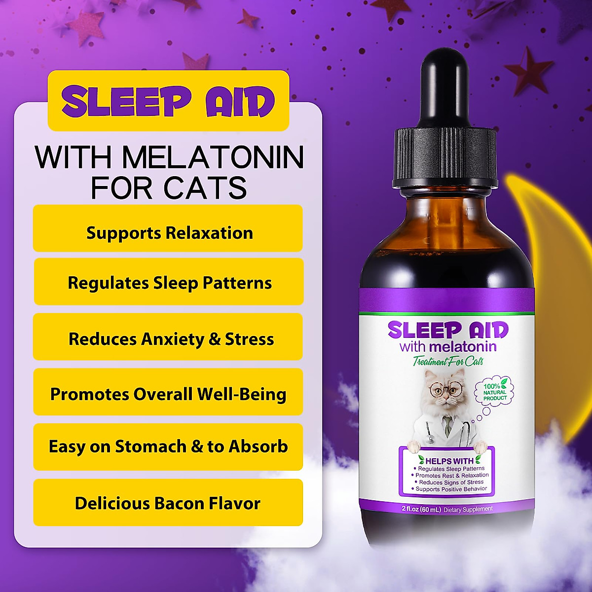 Cat Melatonin, 60ml Melatonin for Cats Helps to Support Restful Sleep for Your Cat - Cat Sleep Aid, Anxiety Relief & Promote Relaxation Bacon Flavor